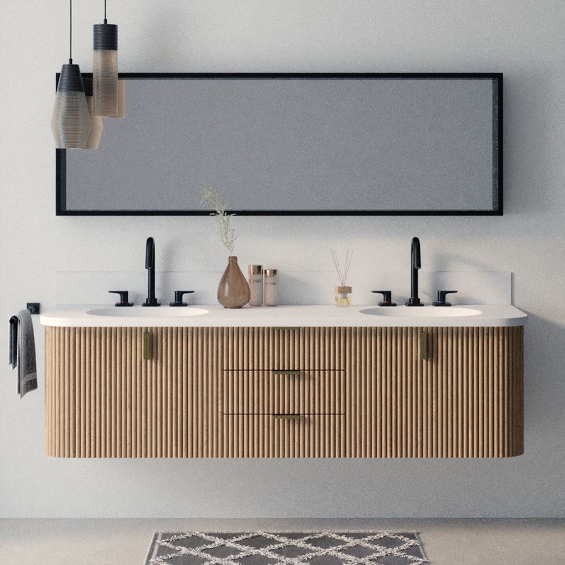 Curved Floating Double Sink Vanity With Oak Rounded Reed Fronts - Etsy