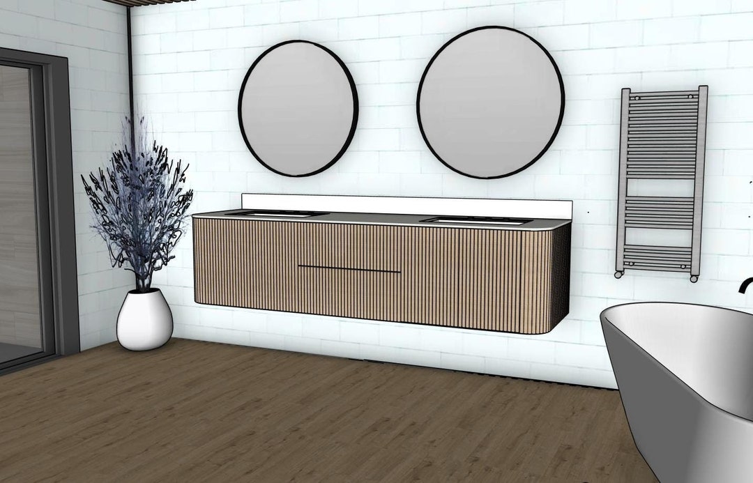 Custom 84” Double Sink Curved Bathroom Vanity With White Oak Tambour ...