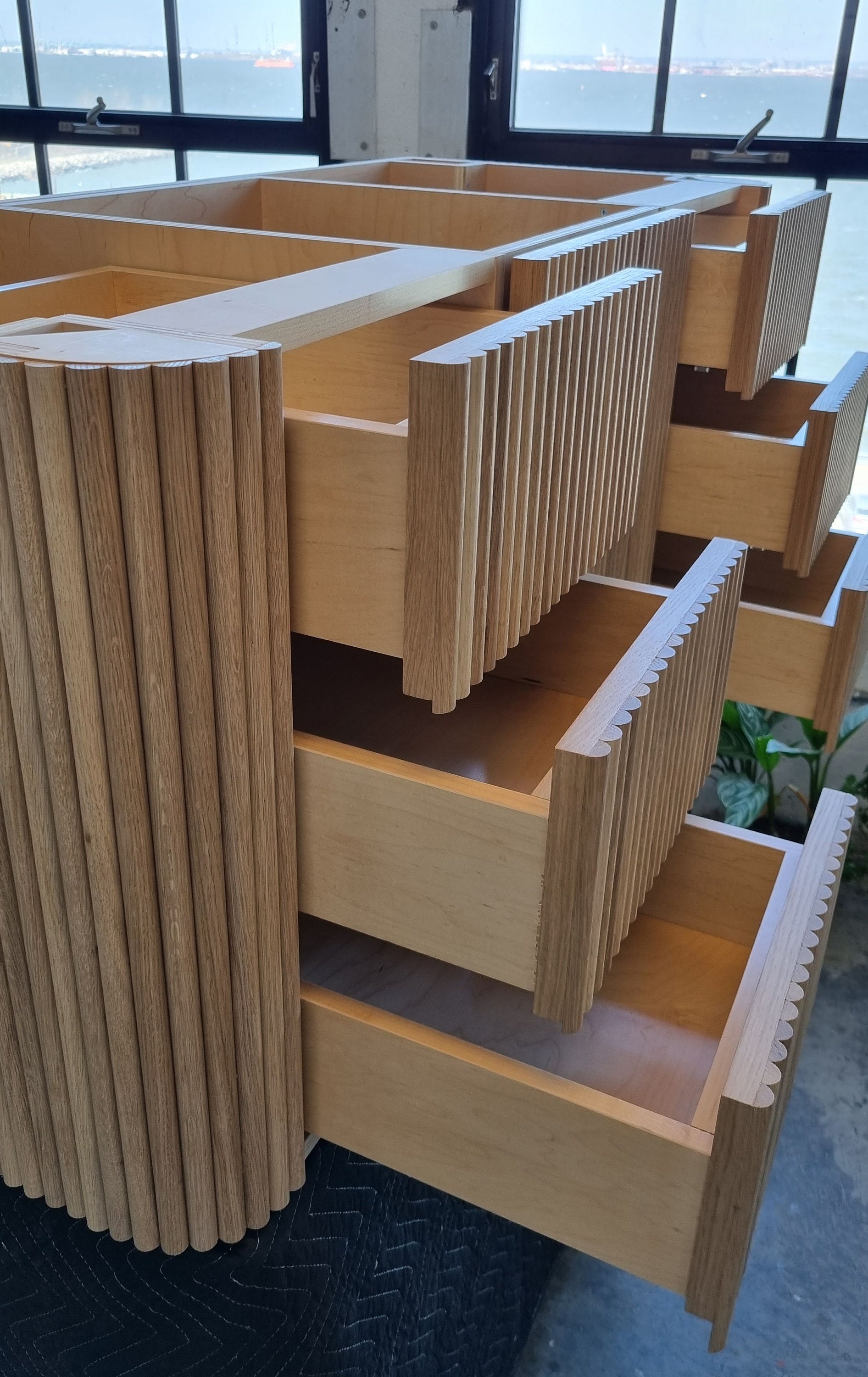 Custom Floating Vanity With White Oak Rounded Reeds Front With Drawers ...