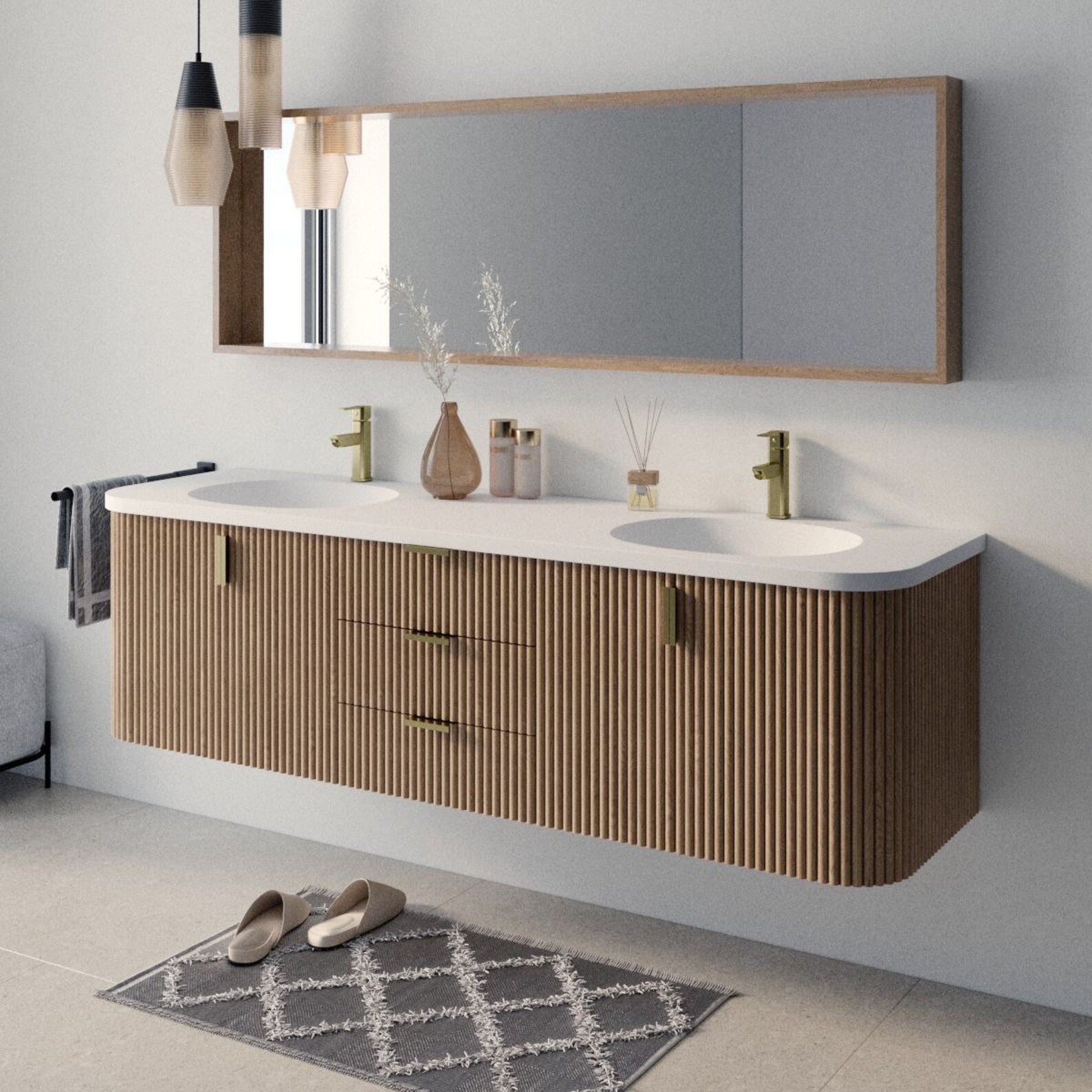 Curved Floating Double Sink Vanity With Oak Rounded Reed Fronts - Etsy