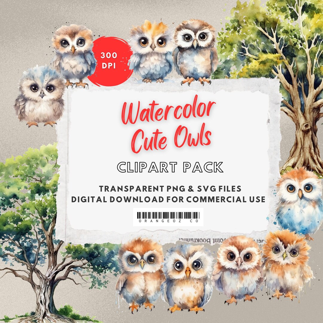 Watercolor Cute Owls Clipart. Digital Download. Transparent PNG & SVG ...