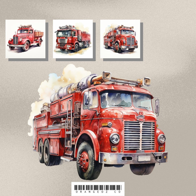 Watercolor Fire Truck Clipart. Watercolor Firefighters. Fireman. Red ...