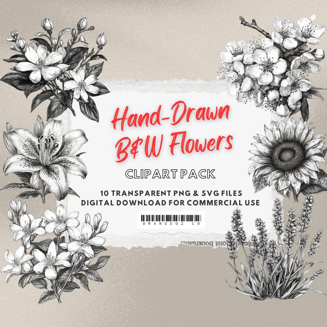 Hand-drawn B&W Flower Bundle. Digital Download. Floral Svg. Flower Svg ...