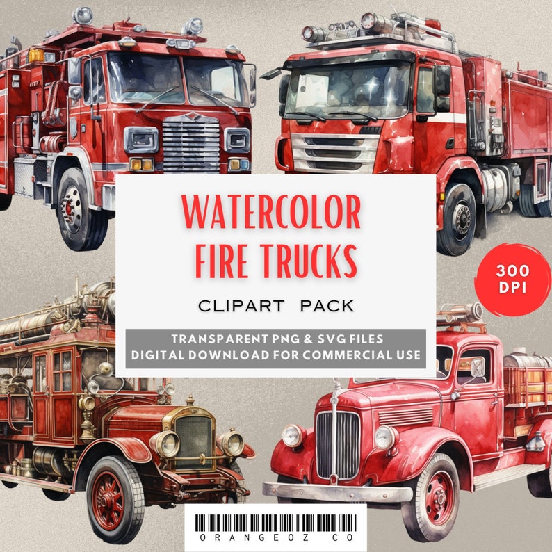 Watercolor Fire Truck Clipart. Watercolor Firefighters. Fireman. Red ...