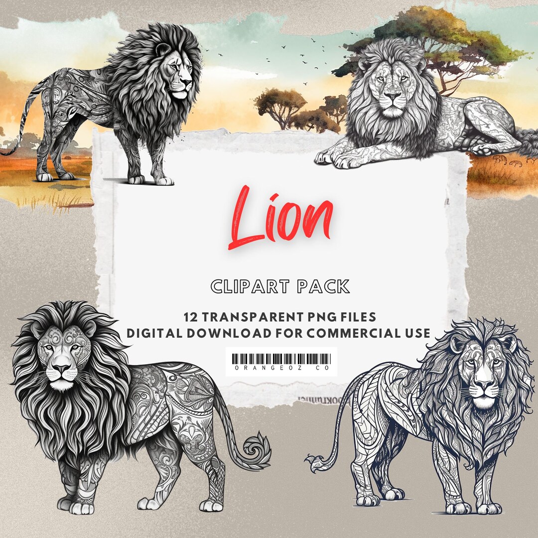Hand-drawn B&W Lion Doodle Bundle. Digital Download. Animal Clipart ...