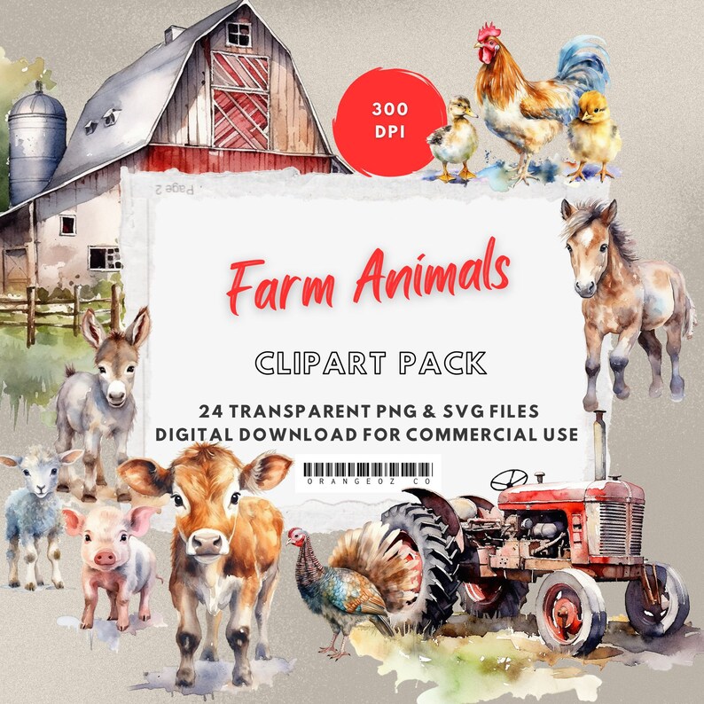 Watercolor Farm Animals Clipart. Digital Download. Transparent PNG ...