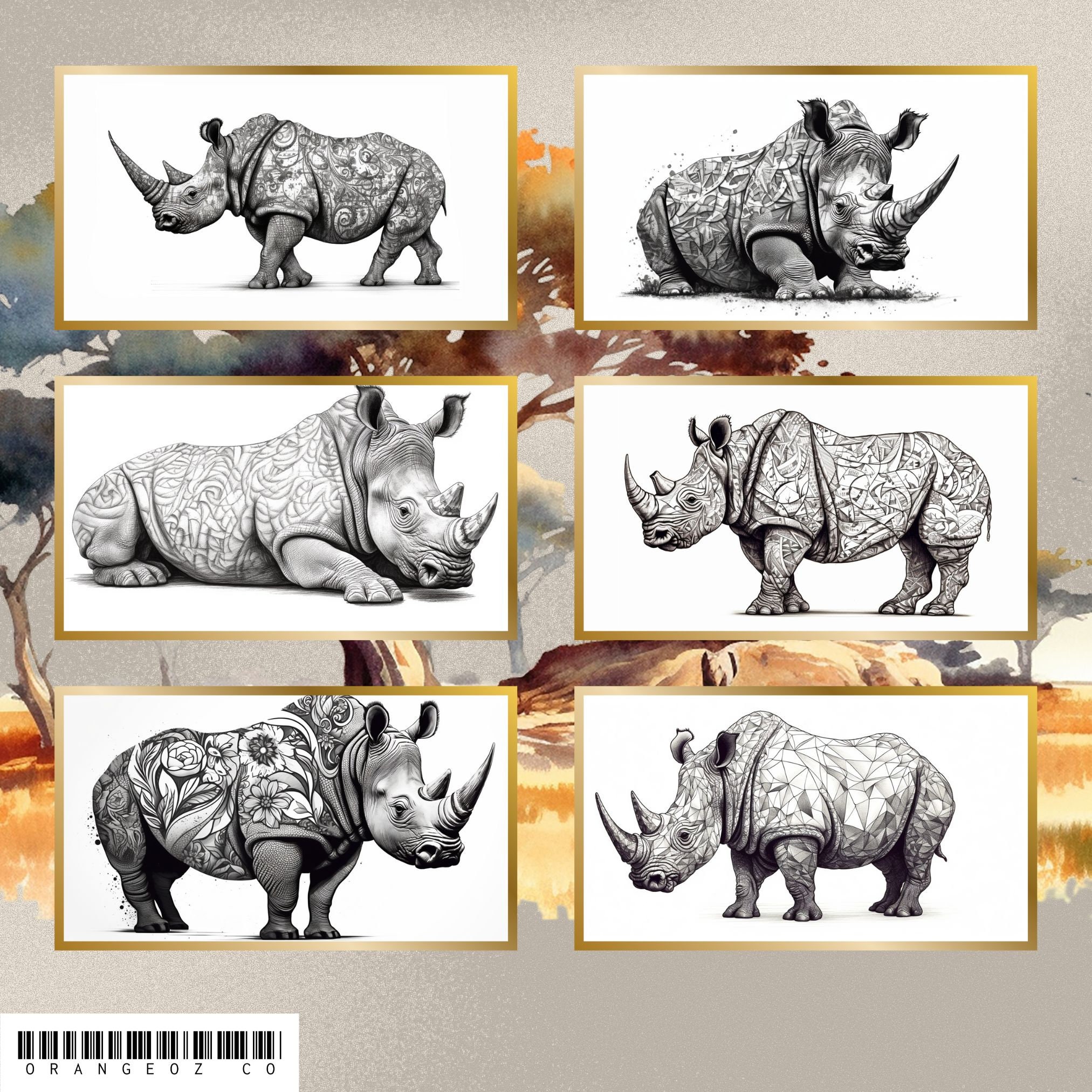 Hand-drawn B&W Rhino Doodle Bundle. Digital Download. Animal Clipart ...