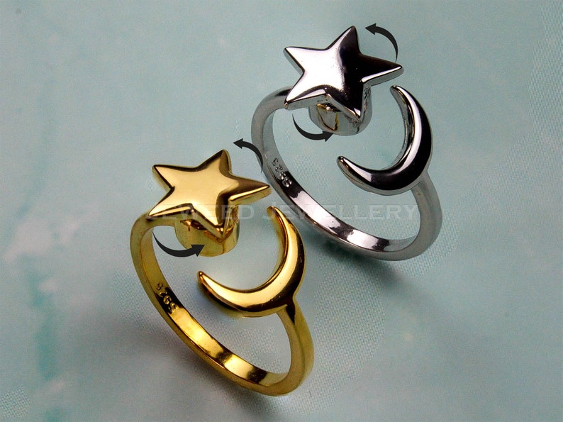 Moon and Star Ring Fidget Spinner Adjustable Jewelry Stress Management ...