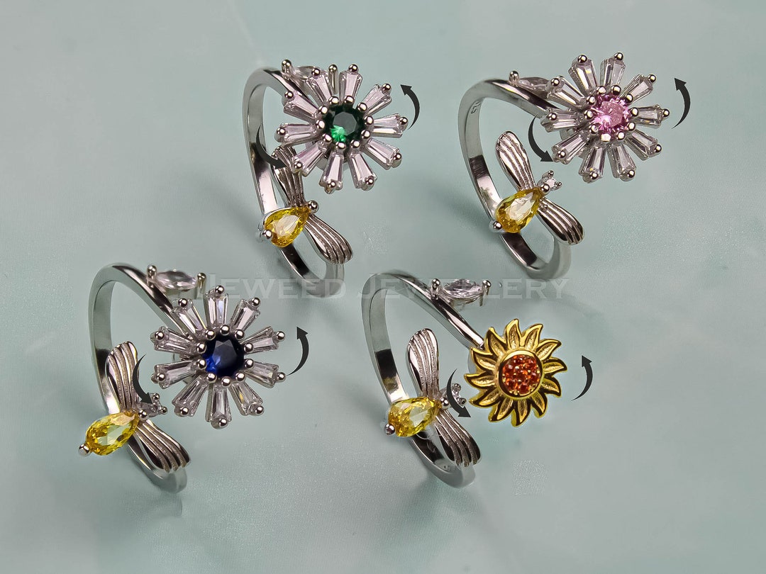Sunflower Fidget Ring Adjustable Spinner Ring Sterling Silver Cubic Zirconia Umbrella Windmill ...