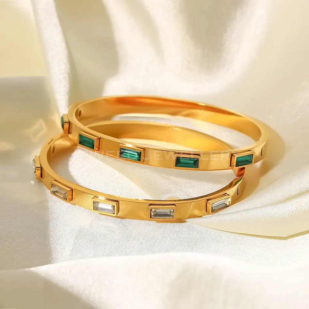 Emerald Bracelet Green Gem Bangle 18 K Gold Plated With Sparkling Gemstones Birthstone Jewelry ...