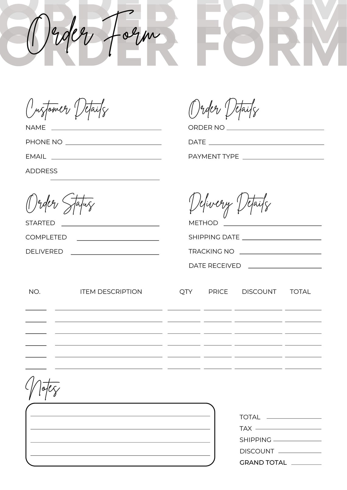 Order Form Template - Ready to Print Business Template, Printable Order ...