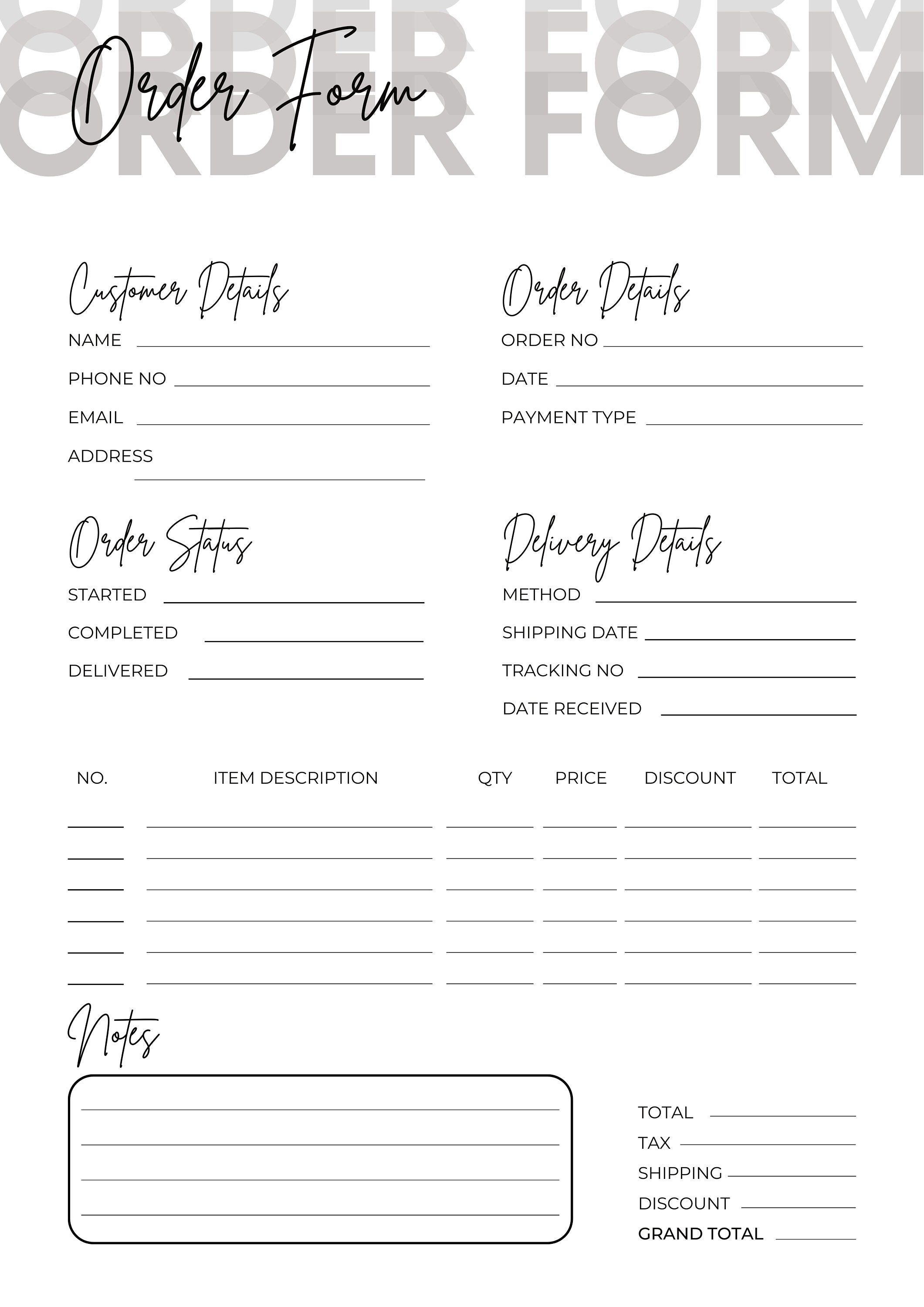 Order Form Template - Ready to Print Business Template, Printable Order ...