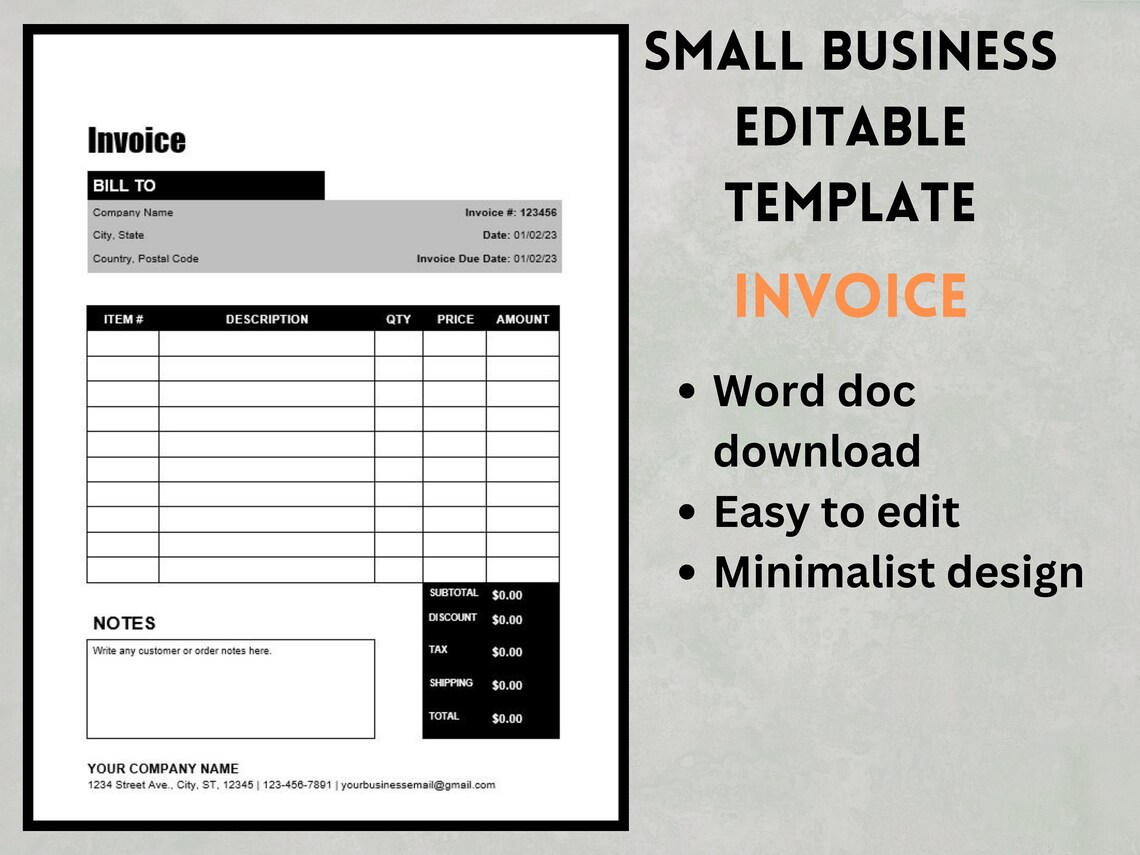 Invoice Editable Word Template, Small Business Professional Invoice ...
