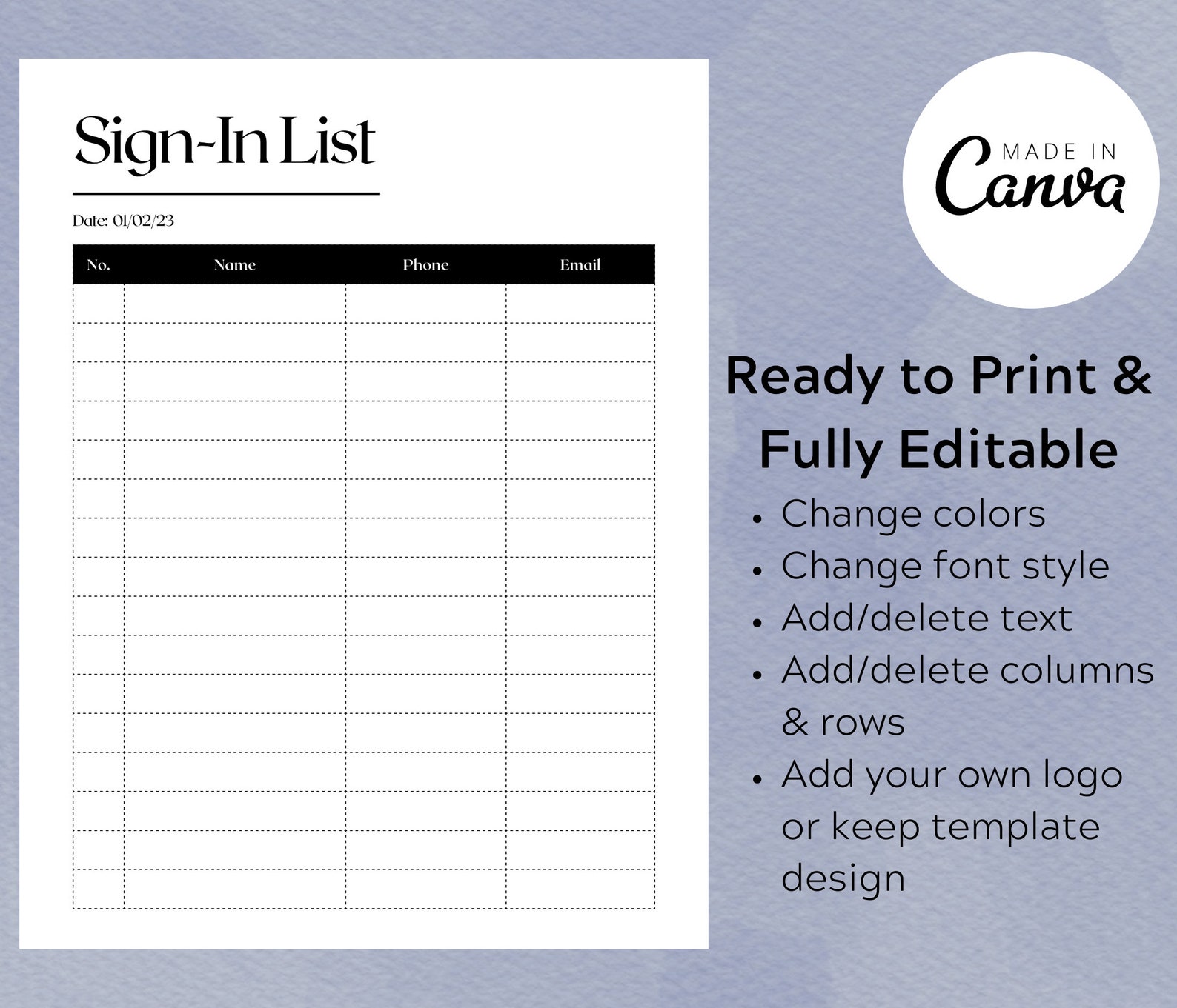 Printable Sign-in Sheet - Business Sign in Template, Printable Sign in ...