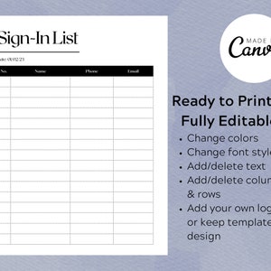 Printable Sign-in Sheet - Business Sign in Template, Printable Sign in ...