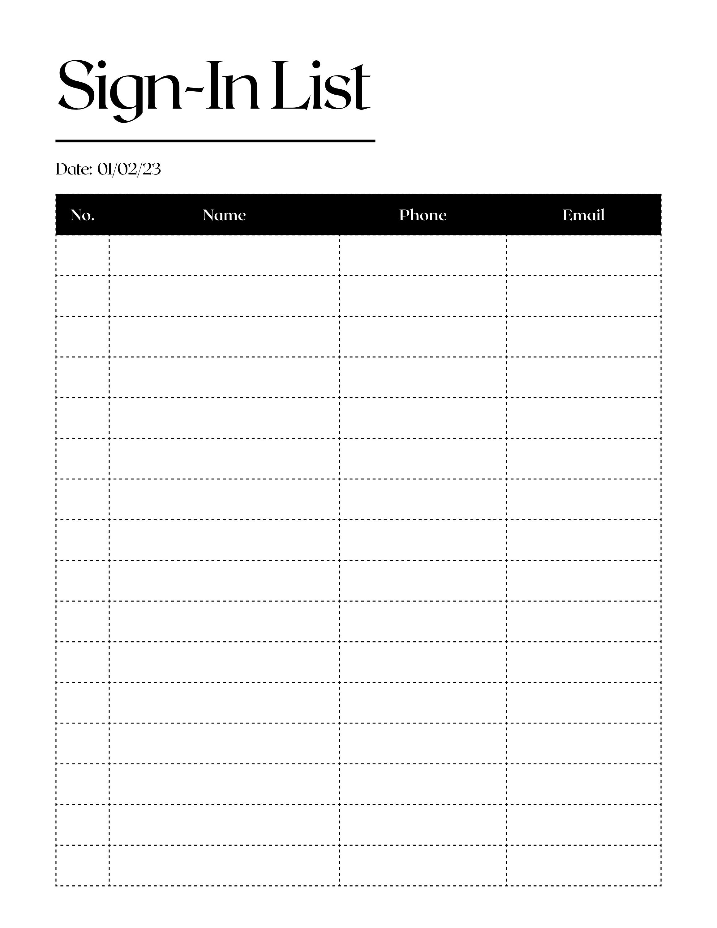 Printable Sign-in Sheet Business Sign in Template, Printable Sign in ...