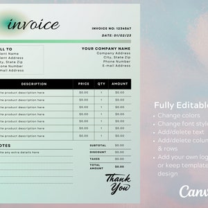 Editable Invoice Template Green Gradient Invoice Template, Customizable ...