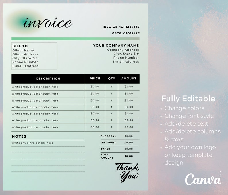 Editable Invoice Template Green Gradient Invoice Template, Customizable ...