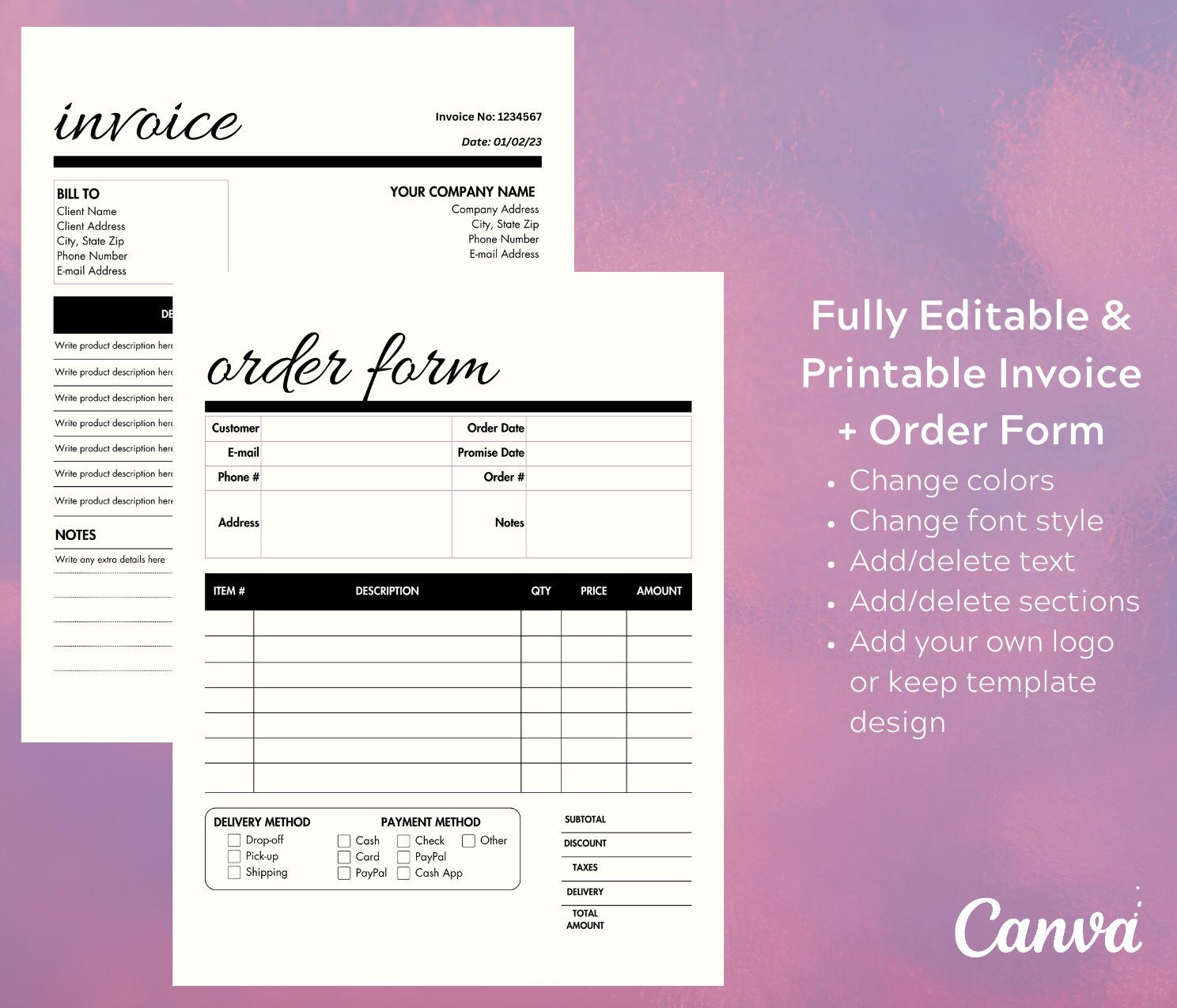 Invoice Order Form Templates for Small Business, Professional Invoice ...