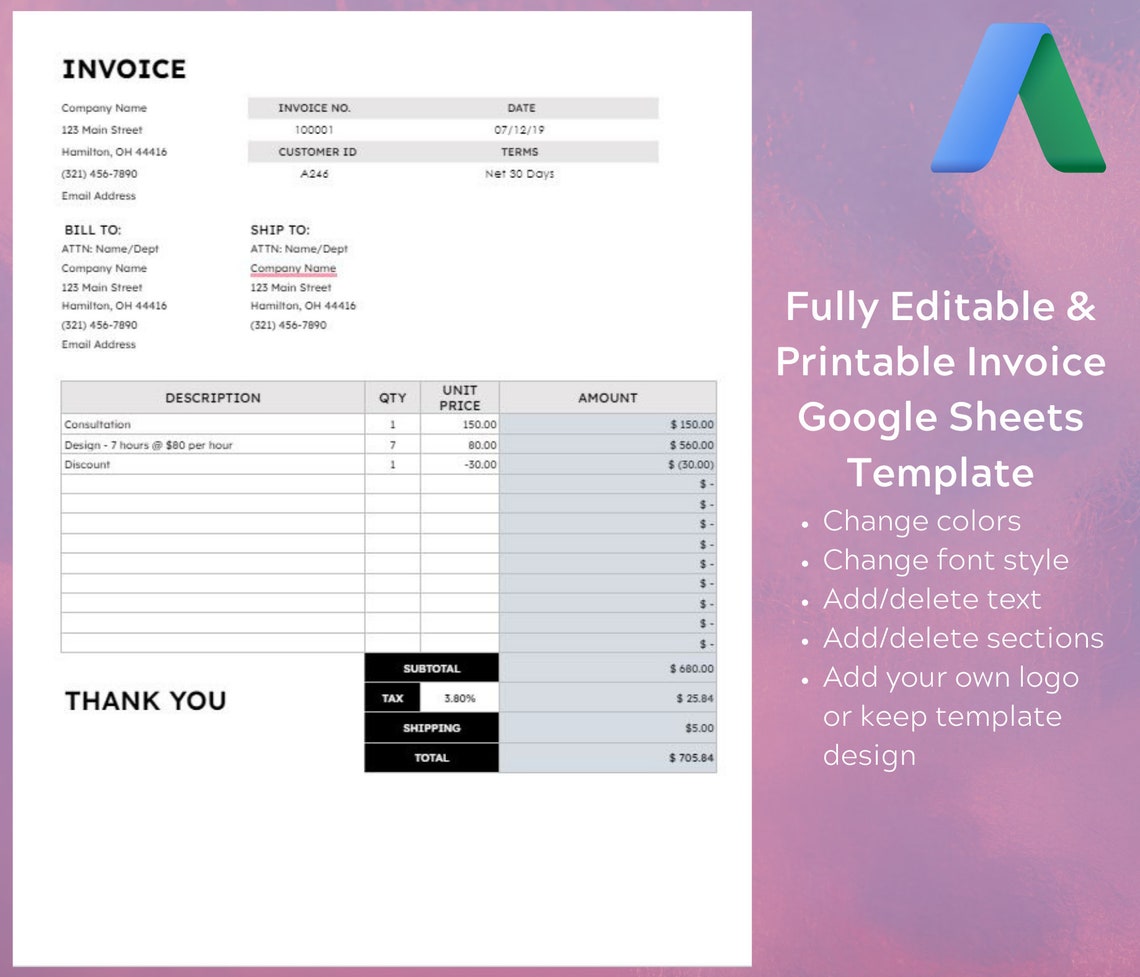 Invoice Template Editable Google Docs Template, Small Business ...