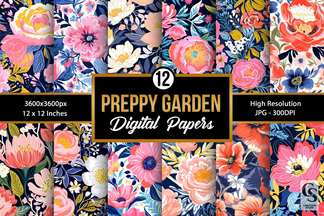 Preppy Flower Digital Paper, Seamless Preppy Floral Pattern, Bright ...