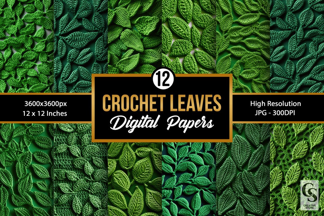 Green Crochet Leaves Digital Papers, Crochet Knitted Green Leaf ...