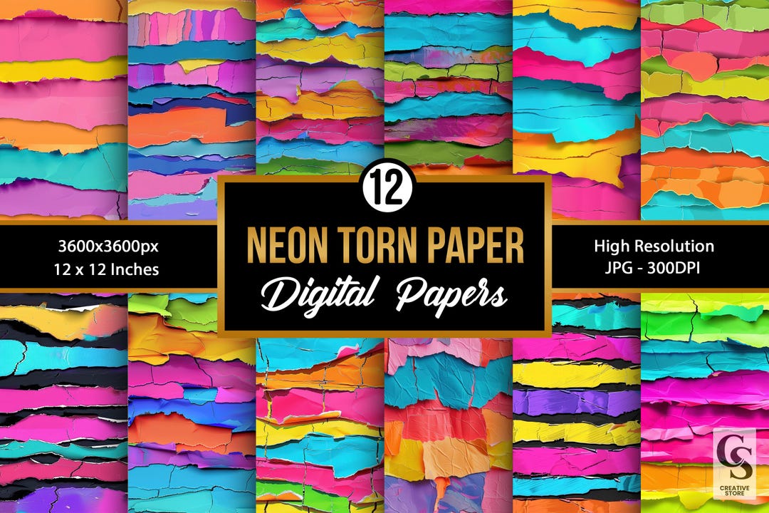 Neon Torn Paper Texture | Bright Ripped Edge Digital Paper | Vibrant ...