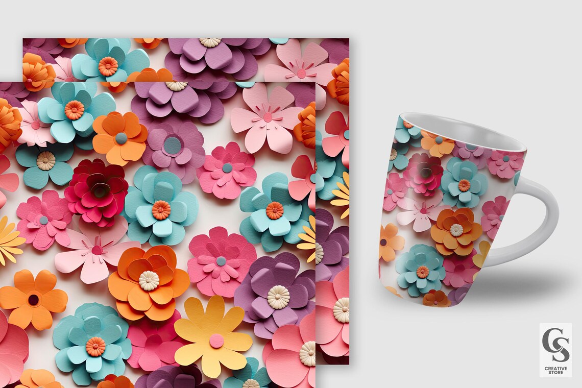 Handmade Felt Flowers Digital Paper, Colorful Spring Paper Cut Floral ...
