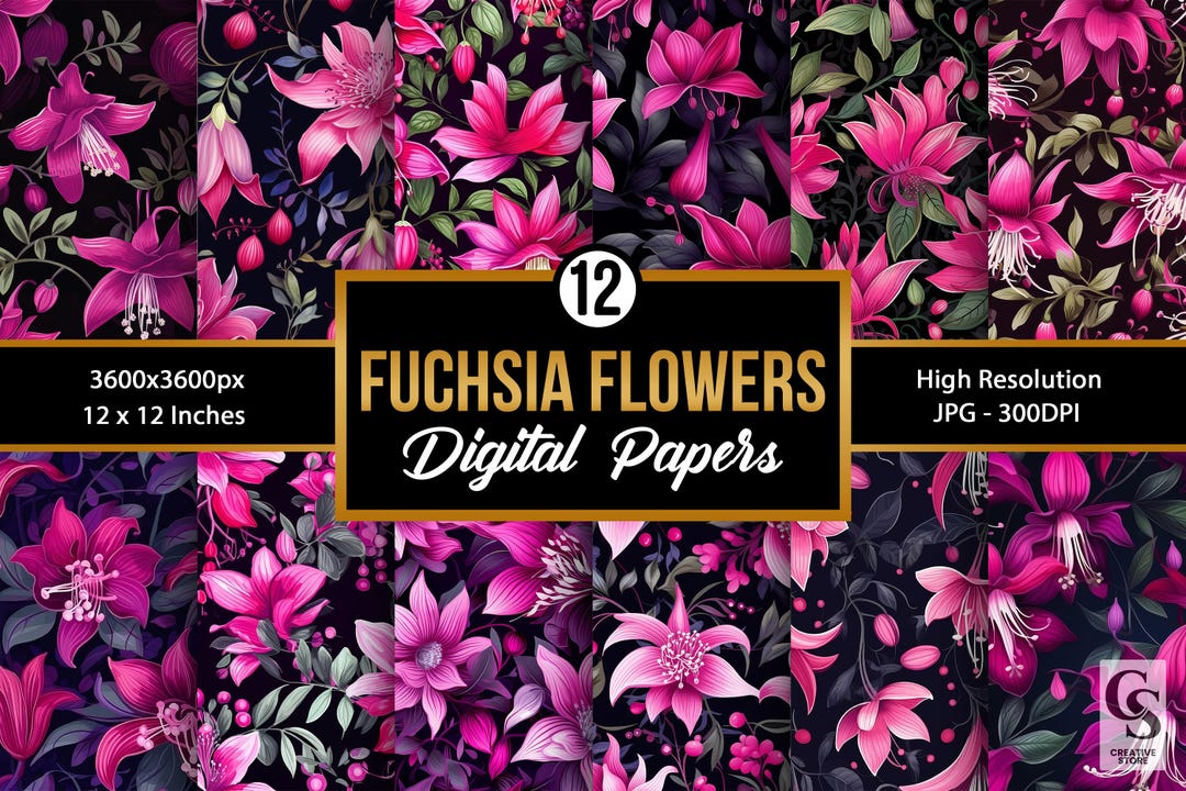 Fuchsia Flowers Digital Paper, Hot Pink Flowers Seamless Patterns ...