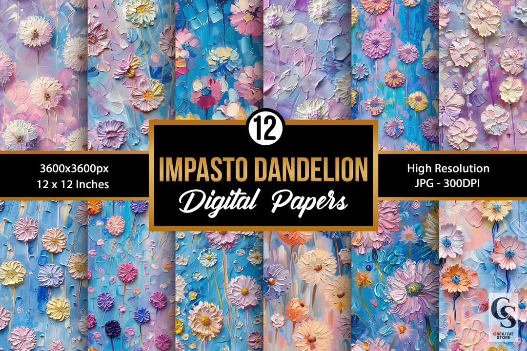 Impasto Painted Dandelions Patterns, Textured Flower Painting, Pastel Dandelion Backgrounds - Etsy