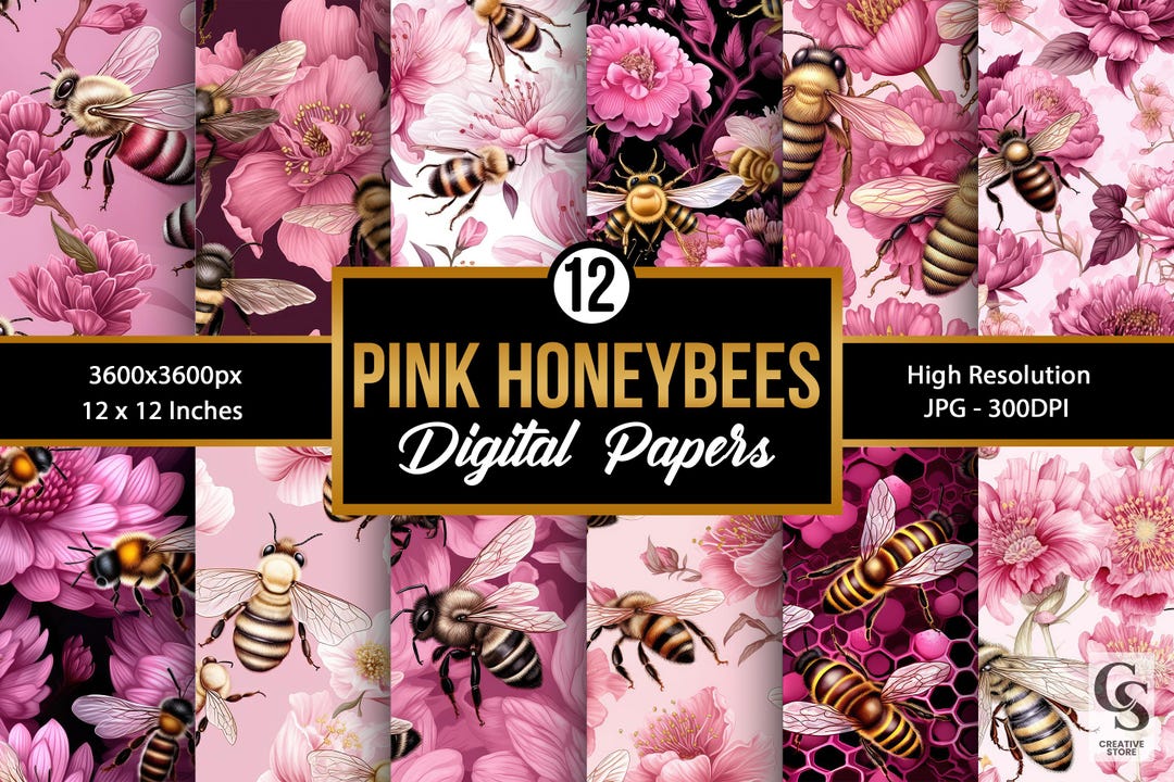 Pink Floral Honeybee Pattern | Cute Bee and Flower Digital Paper ...