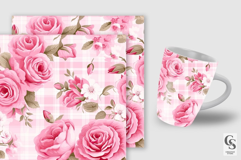 Pink Gingham Roses Digital Paper, Pink Rose Flowers & Plaid Backgrounds ...