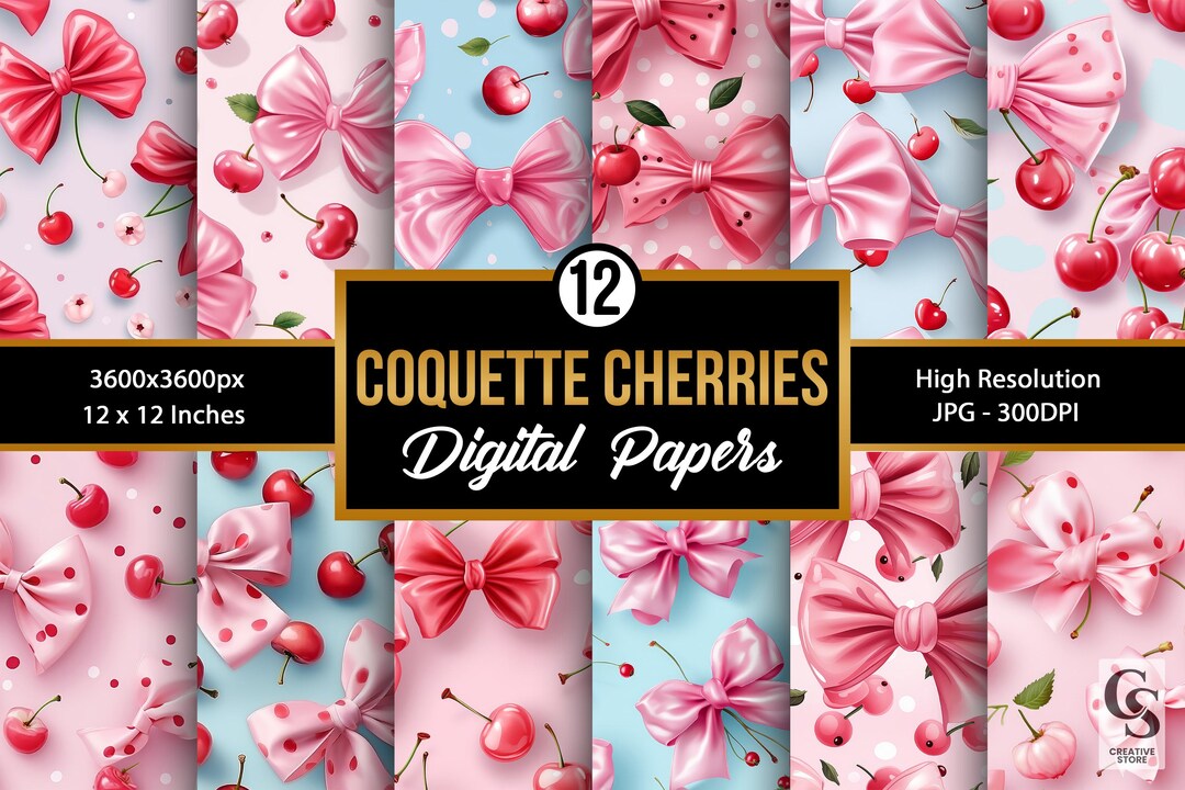 3D Coquette Cherries Digital Papers, Coquette Bows & Cherry Seamless ...