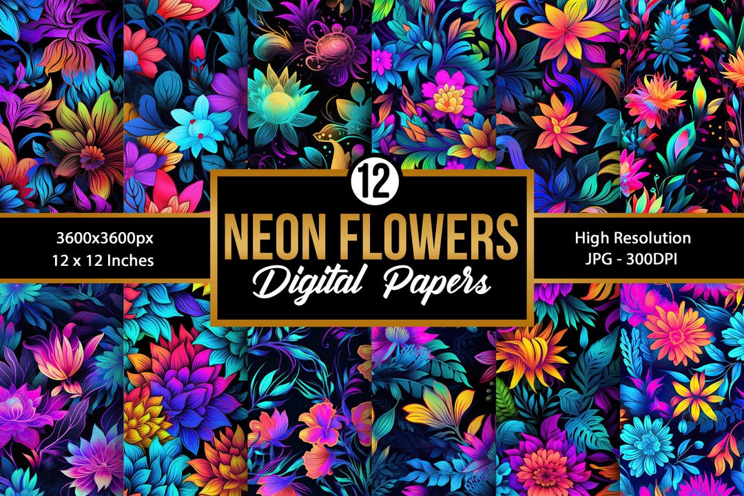 Bright Neon Flowers Digital Paper, Seamless Floral Pattern, Colorful ...