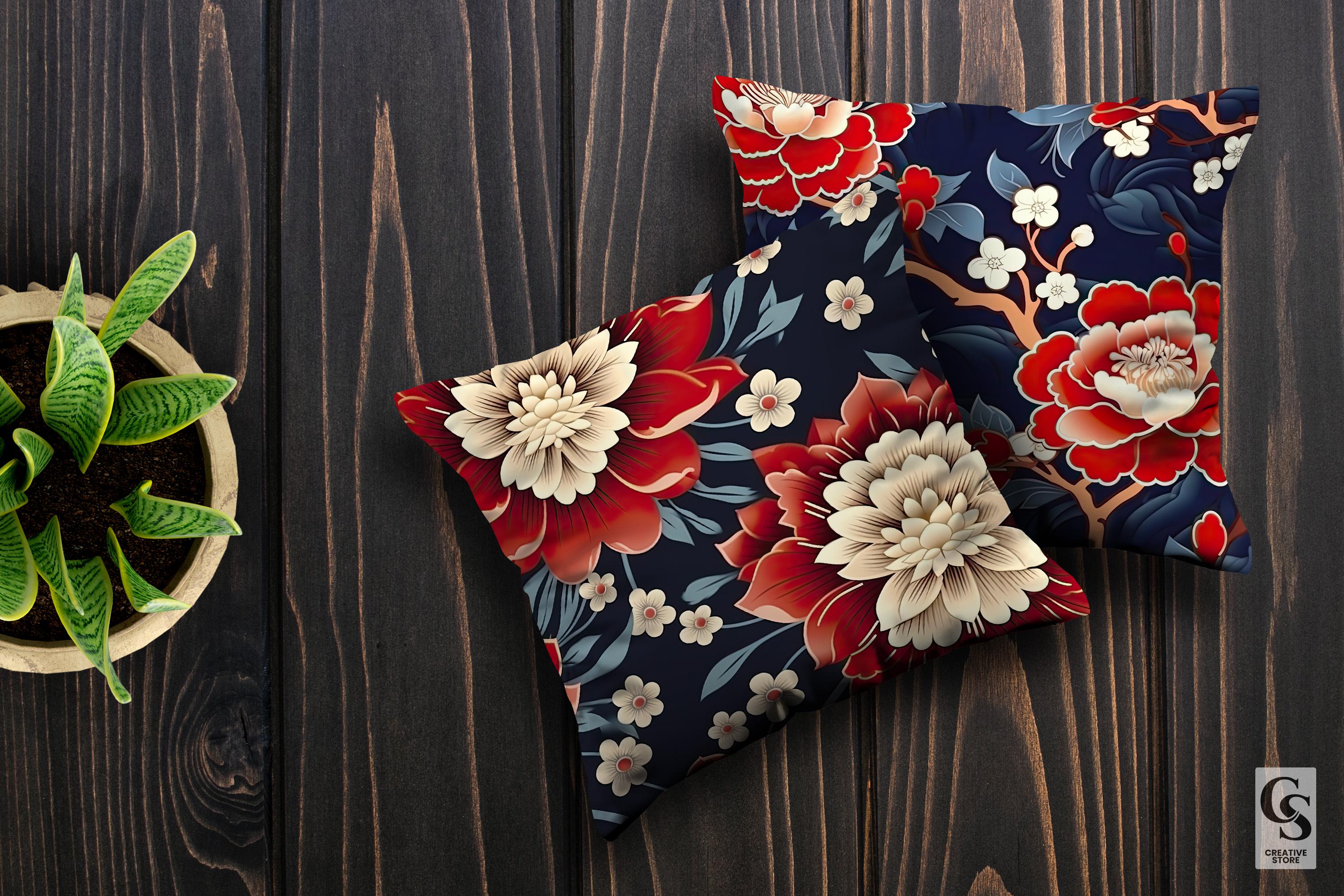 Chinese Flowers Patterns Digital Papers, Blue Red Traditional Flowers ...