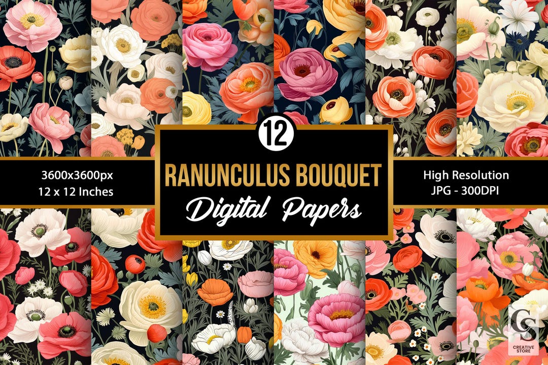 Ranunculus Bouquet Flowers Pattern | Elegant Floral Digital Paper ...