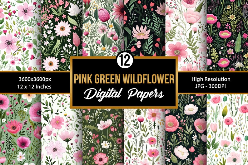 Pink and Green Wildflowers Pattern | Boho Floral Digital Paper ...
