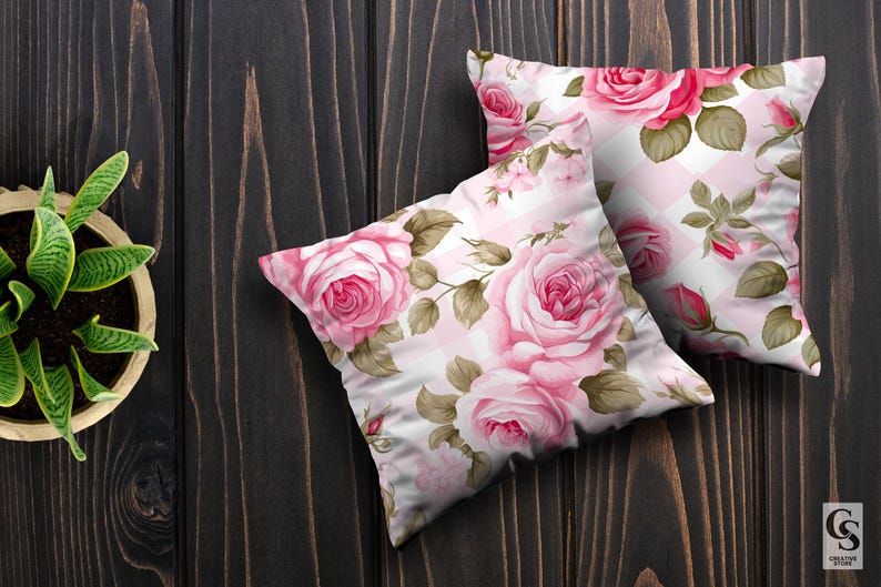 Pink Gingham Roses Digital Paper, Pink Rose Flowers & Plaid Backgrounds ...
