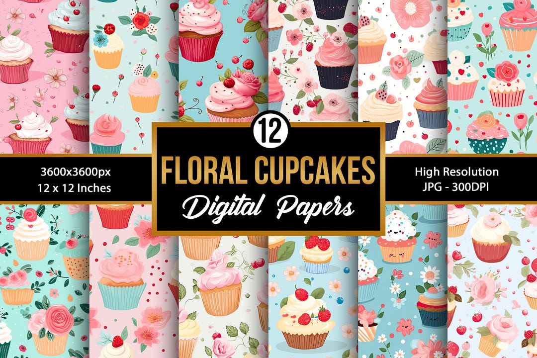 Cute Floral Cupcakes Seamless Patterns, Cupcakes & Flowers Digital ...