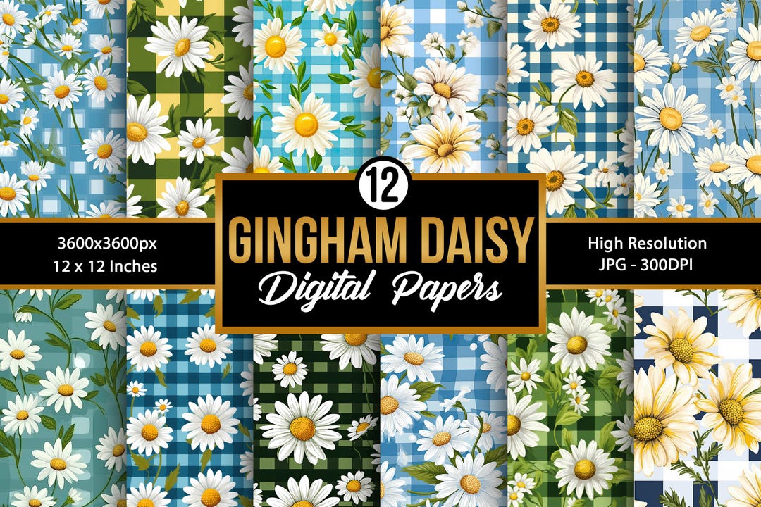 Gingham Daisy Flowers Digital Papers, Daisy Floral Plaid Seamless ...
