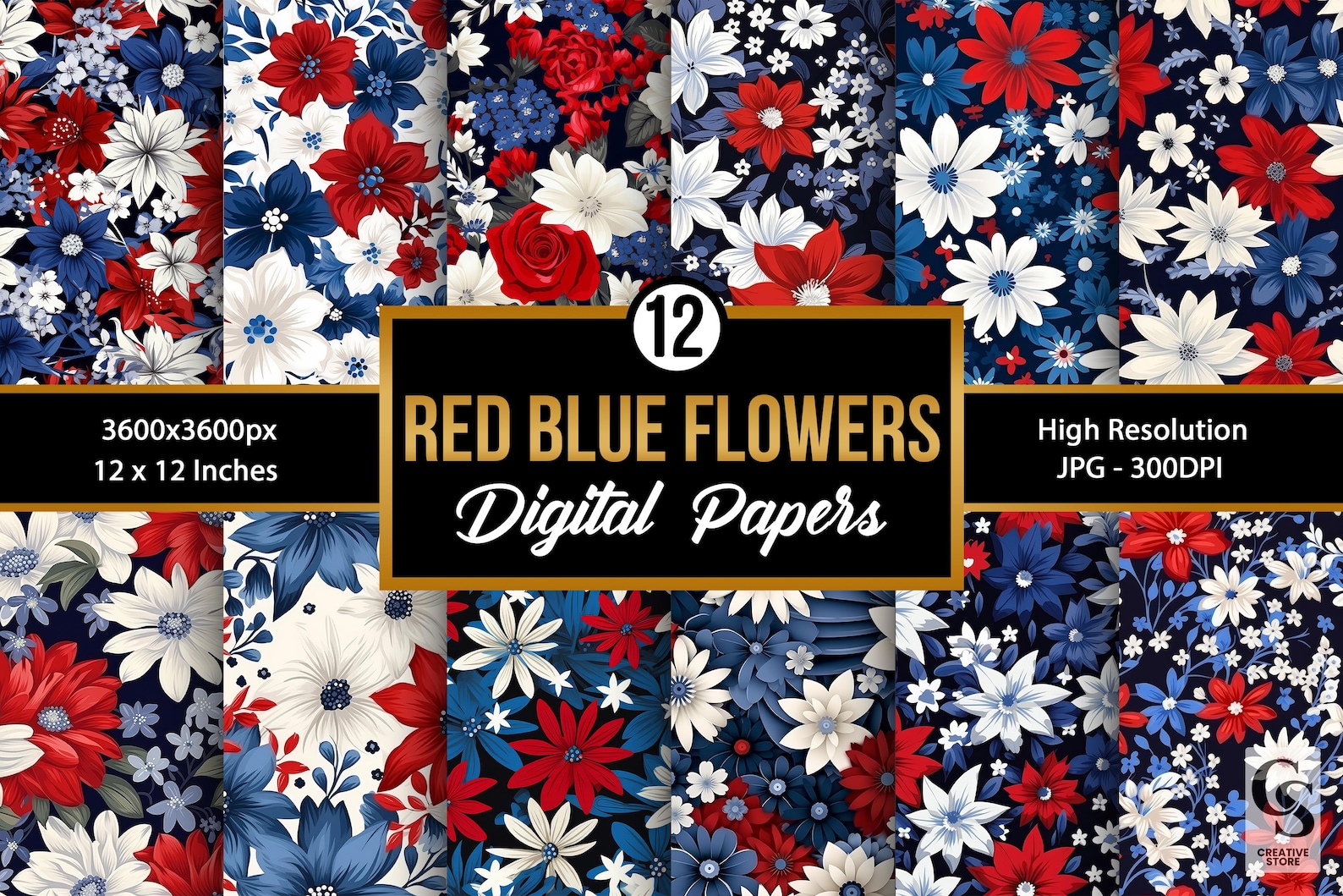 Patriotic Red and Blue Flowers Pattern | Seamless Floral Digital Paper ...