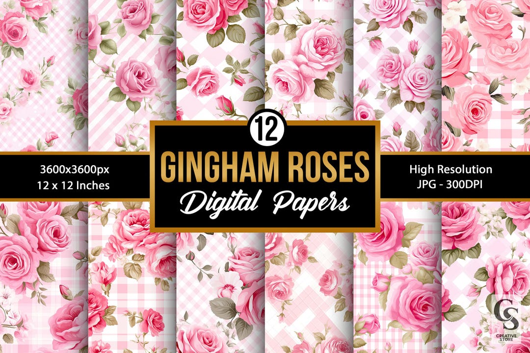 Pink Gingham Roses Digital Paper, Pink Rose Flowers & Plaid Backgrounds ...