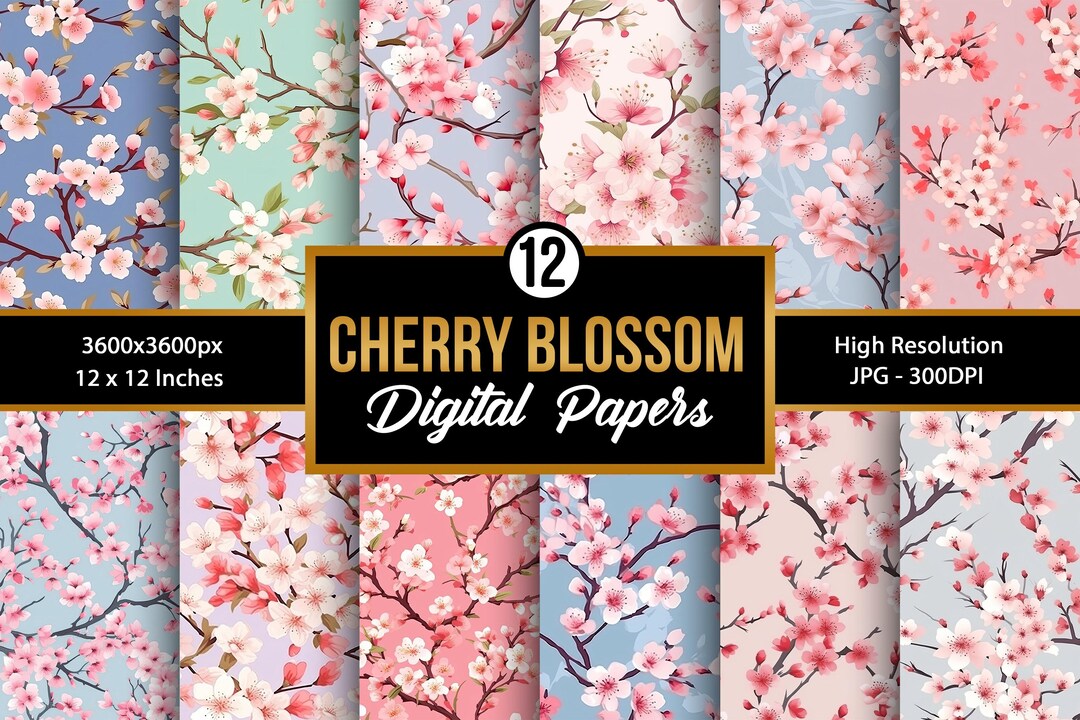 Cherry Blossom Digital Papers, Spring Cherry Blossom Floral Seamless ...