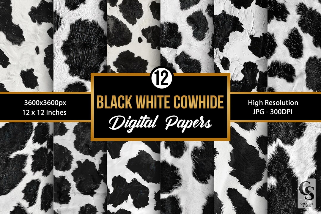 Black & White Cowhide Seamless Patterns, Animal Print Digital Papers - Etsy