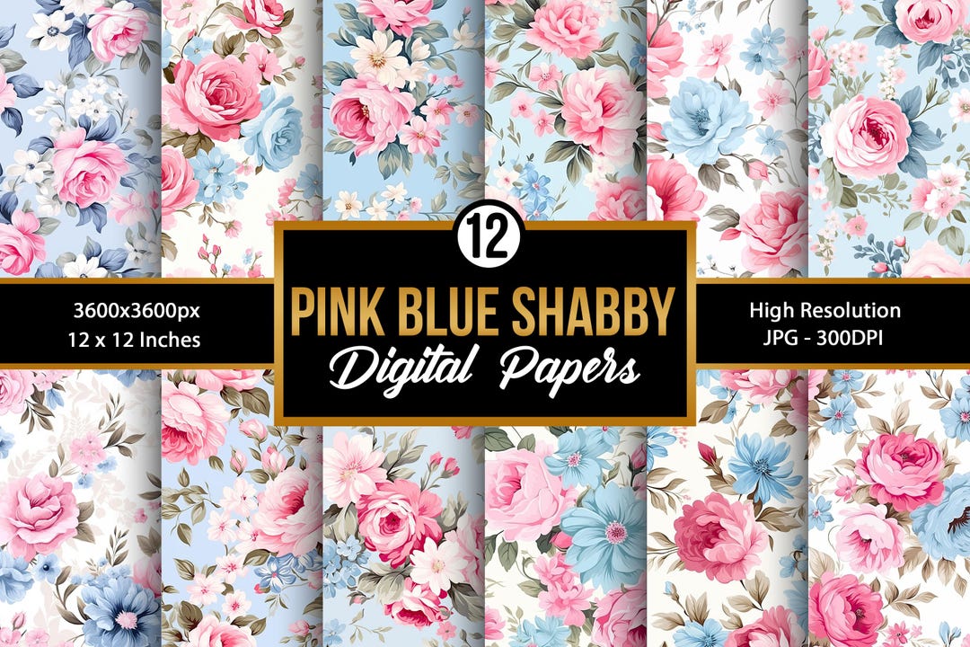 Pink and Blue Shabby Chic Digital Paper, Pastel Romantic Roses Seamless ...