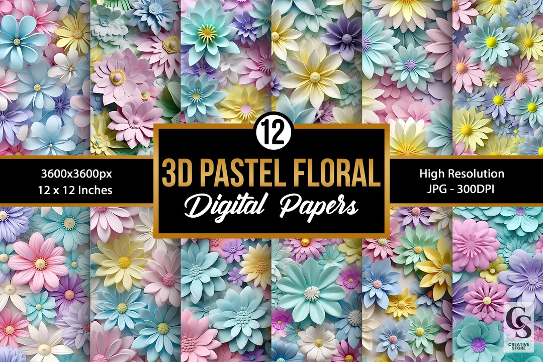 3D Pastel Flowers Digital Papers | Paper Cut Floral Seamless Patterns ...