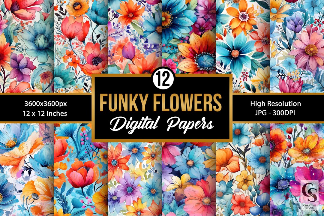 Funky Watercolor Flowers Digital Paper, Summer Watercolor Floral ...