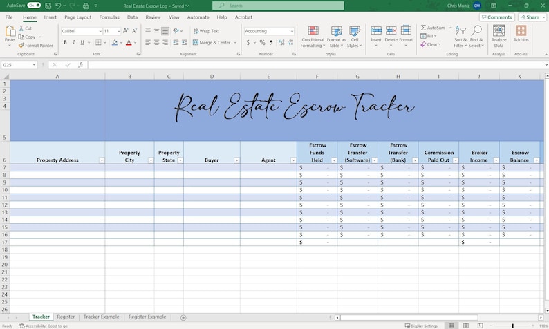 Excel - Simple Real Estate Escrow Tracker, Brokerage Tracker, Broker ...