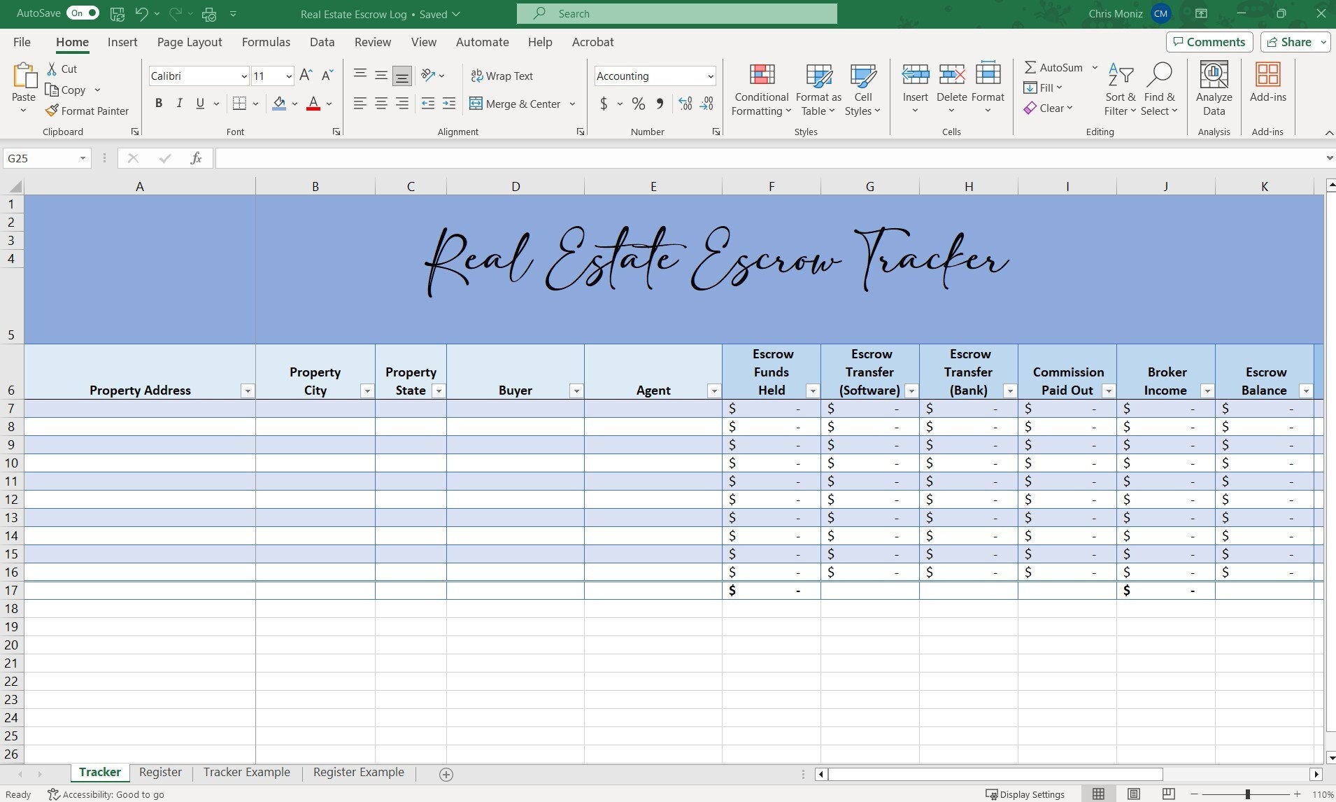 Excel - Simple Real Estate Escrow Tracker, Brokerage Tracker, Broker ...