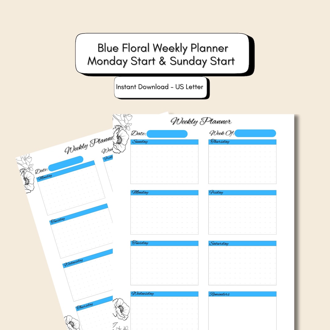 Blue Floral Weekly Planner Printable | Undated, US Letter (digital ...